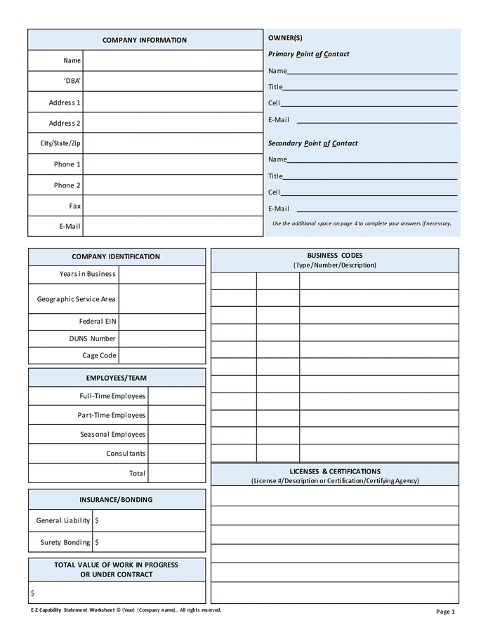 Capability statement work sheet in Word and Pdf formats - page 2 of 5