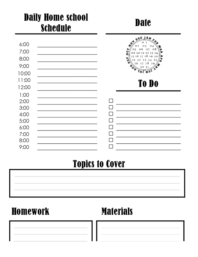 Daily home school schedule in Word and Pdf formats