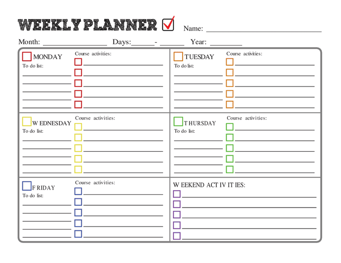 Weekly planner template in Word and Pdf formats