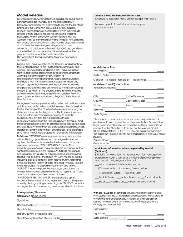 Model release form in Word and Pdf formats