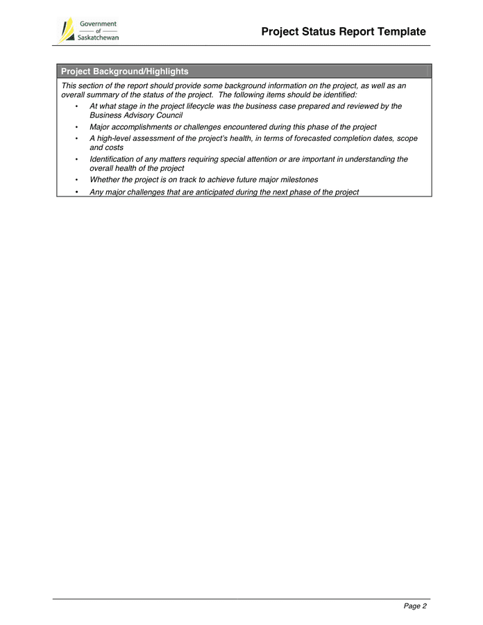 Project Monthly Status Report Template in Word and Pdf formats - page 2 ...