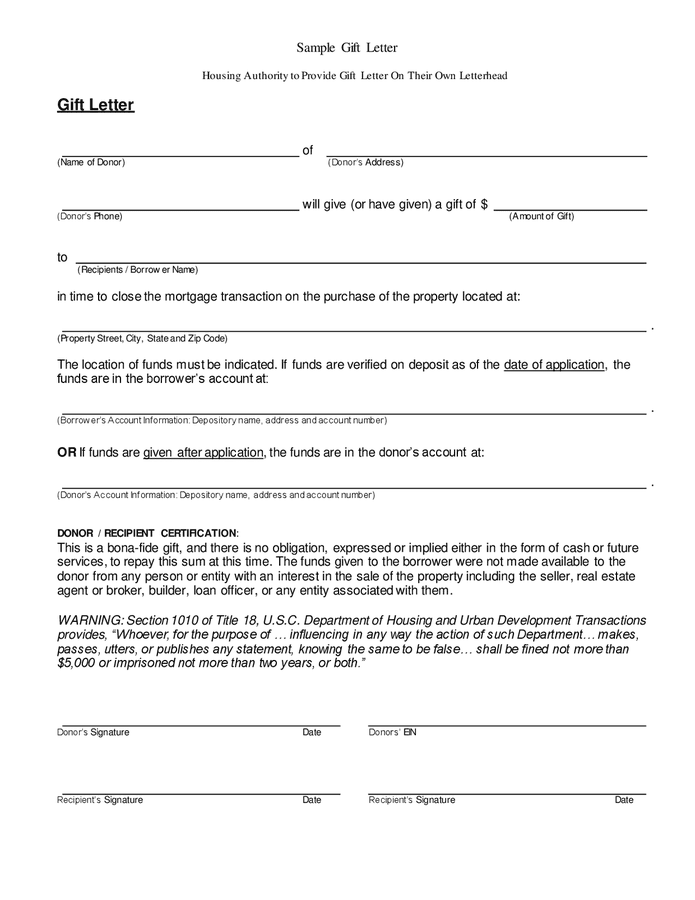 Sample gift letter in Word and Pdf formats