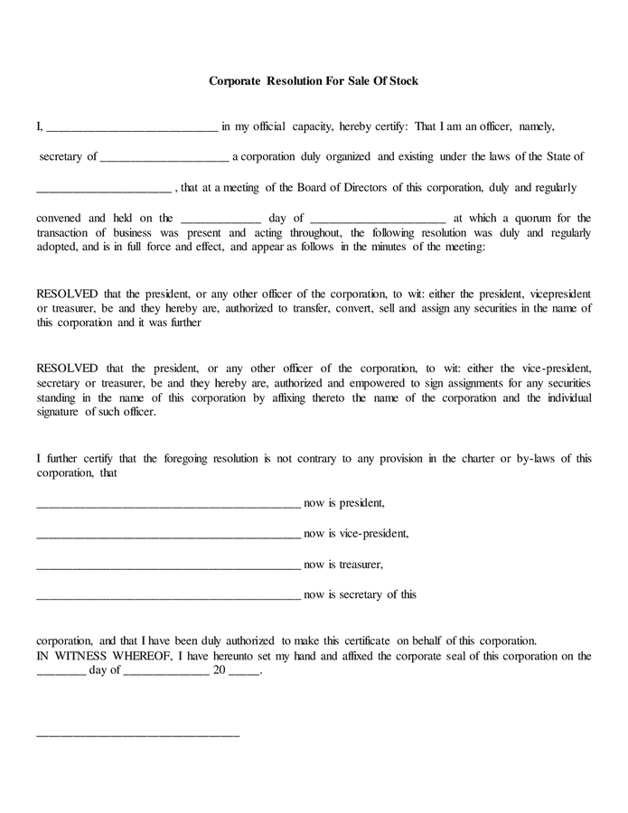 Corporate resolution for sale of stock in Word and Pdf formats