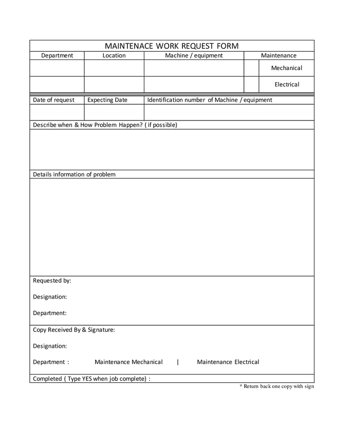 Maintenace work request form in Word and Pdf formats