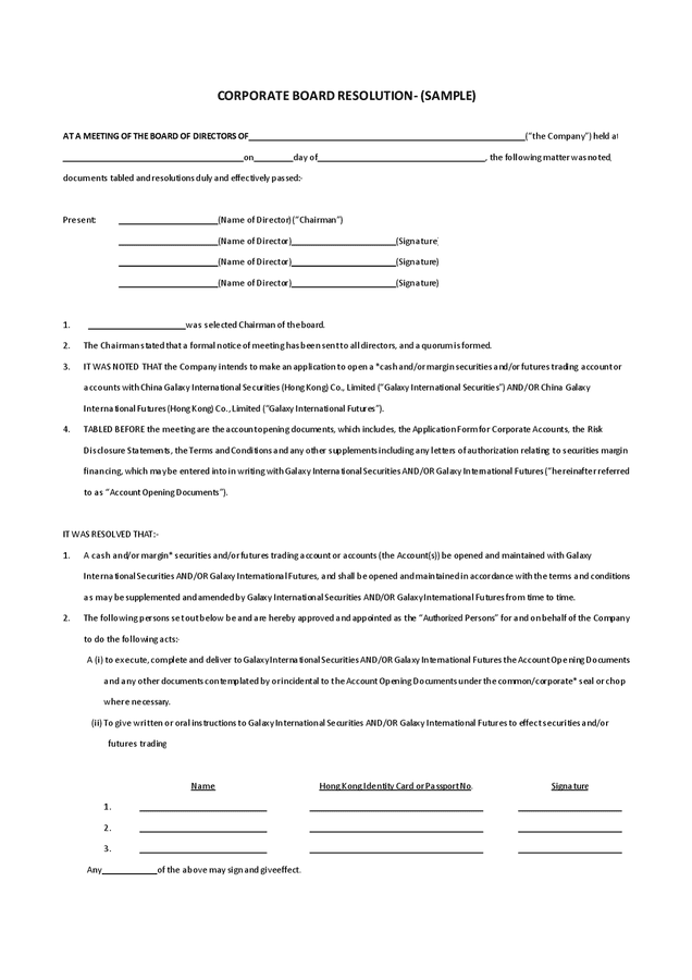 Corporate board resolution sample in Word and Pdf formats