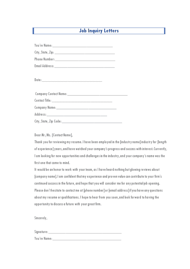 Job inquiry letter in Word and Pdf formats
