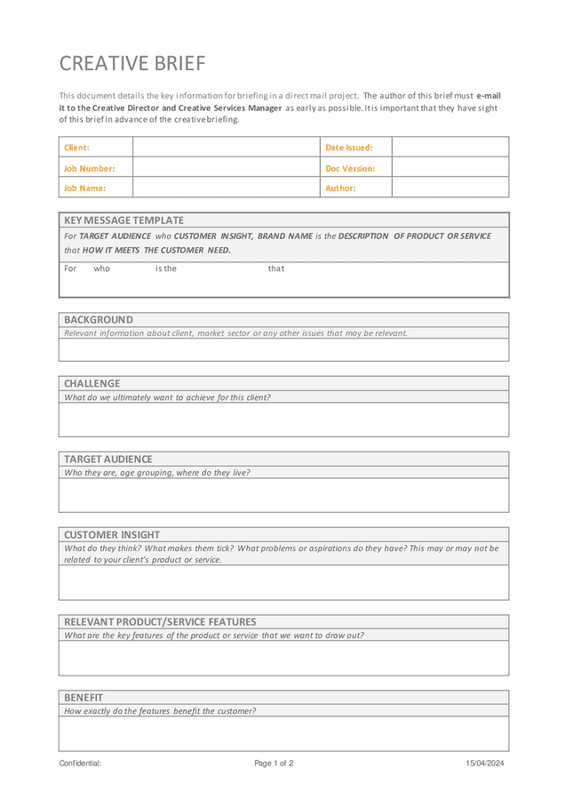 Creative brief template in Word and Pdf formats