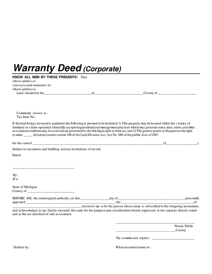 Warranty deed (corporate) in Word and Pdf formats
