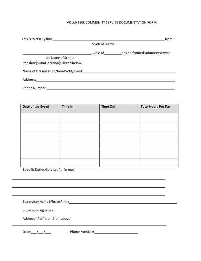 Volunteer community service documentation form in Word and Pdf formats