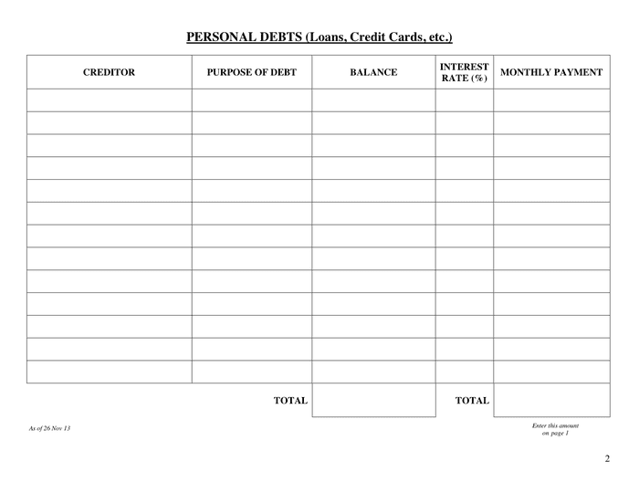 Monthly financial budget worksheet in Word and Pdf formats - page 2 of 2
