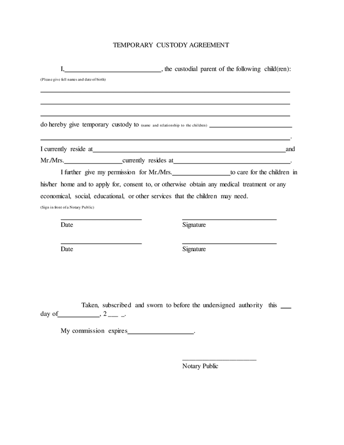 Temporary custody agreement in Word and Pdf formats