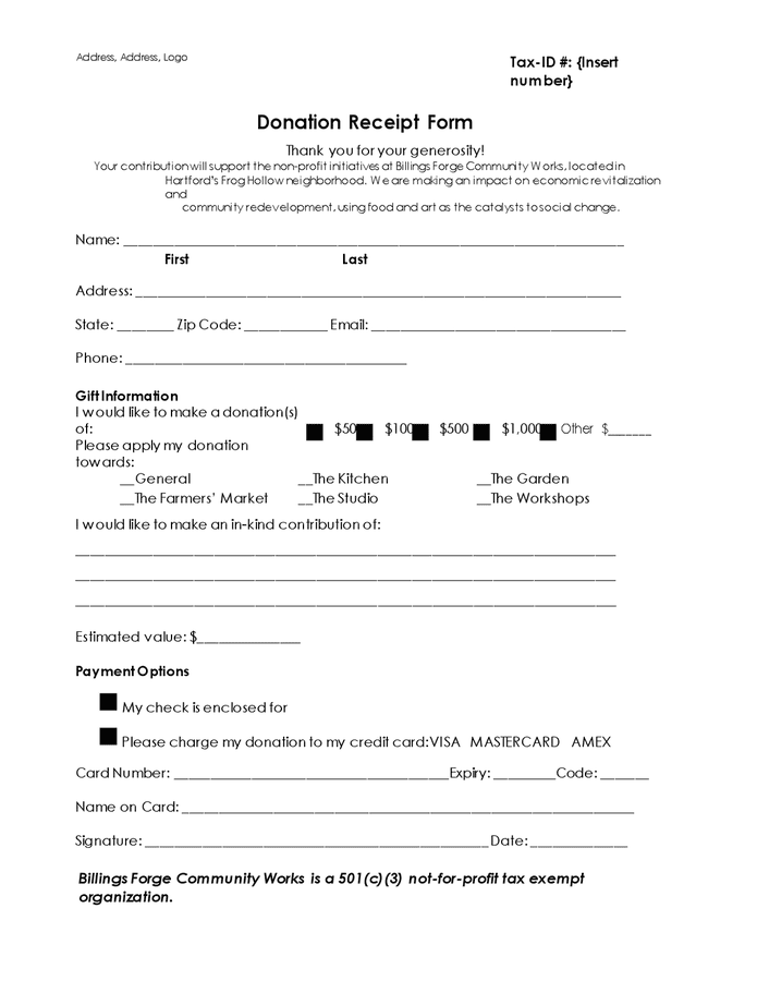 Donation receipt form in Word and Pdf formats