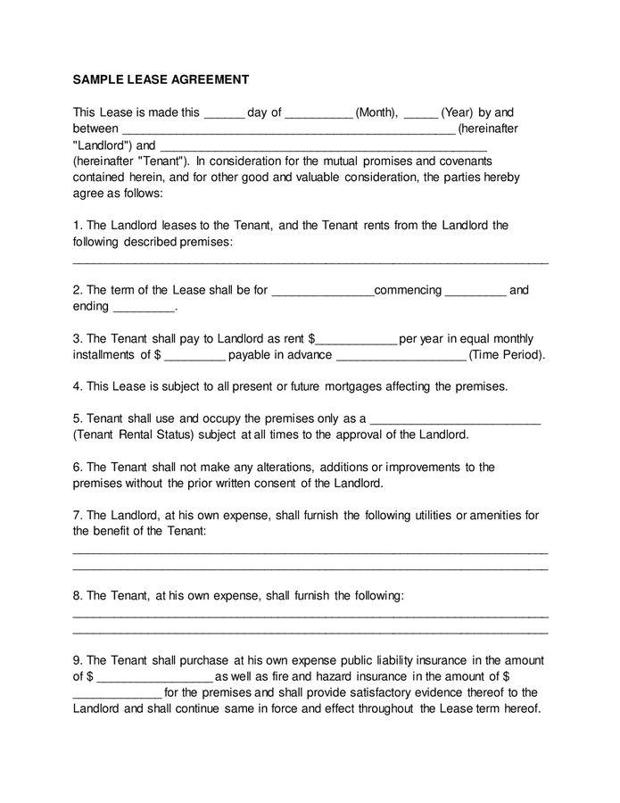 Sample lease agreement in Word and Pdf formats