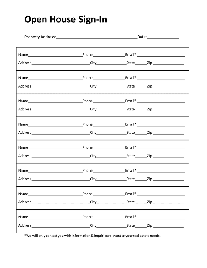 Open house sign-in in Word and Pdf formats