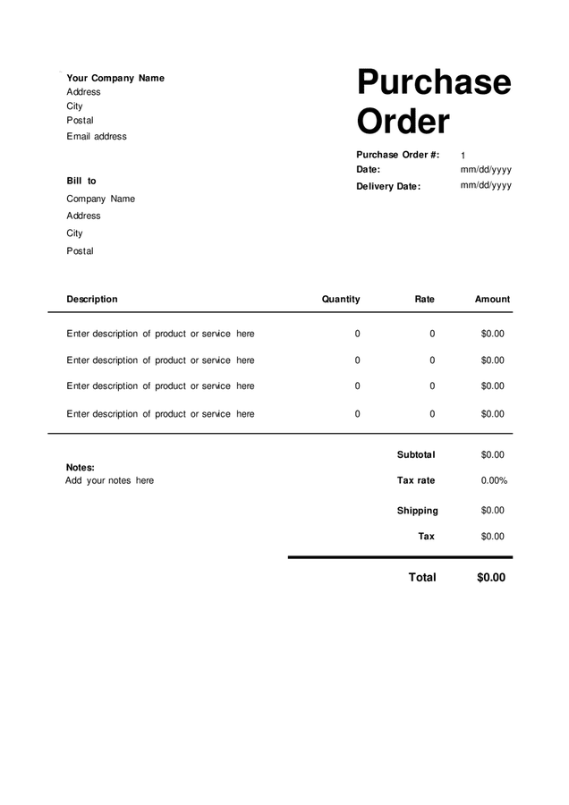Simple purchase order template in Word and Pdf formats