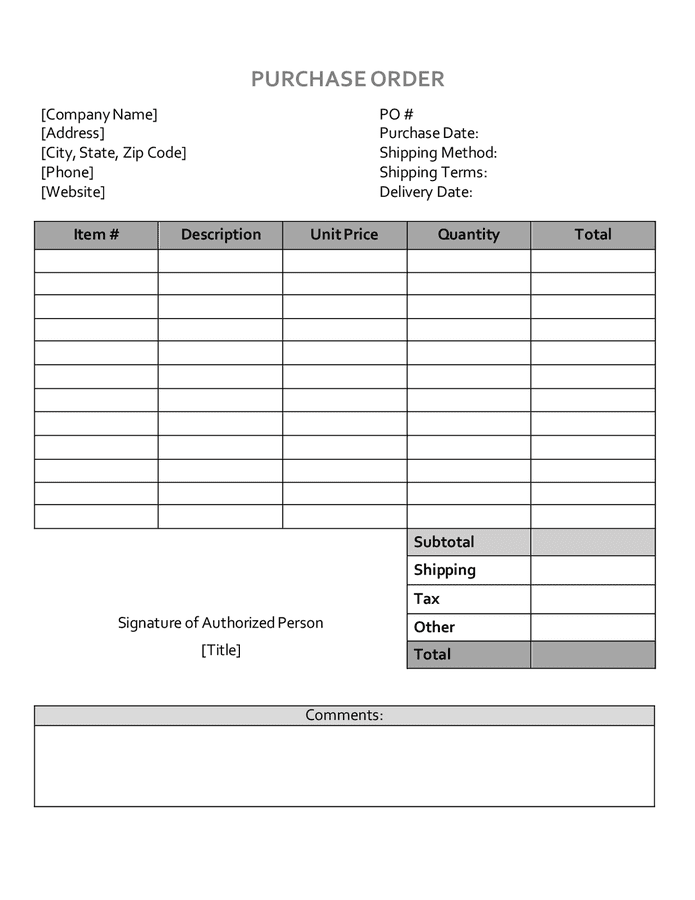Simple purchase order in Word and Pdf formats