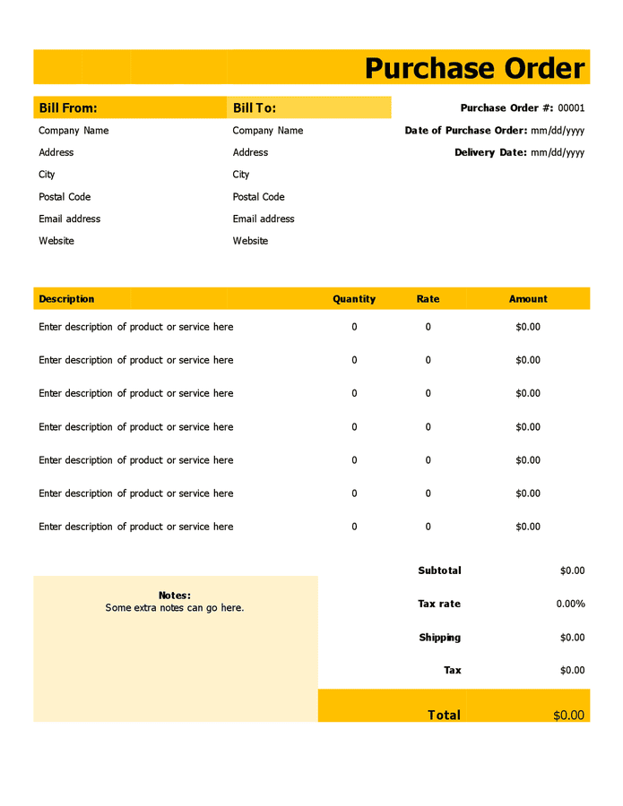 Yellow purchase order form in Word and Pdf formats