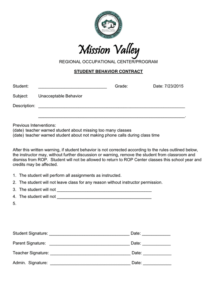 Student Behavior Contract In Word And Pdf Formats