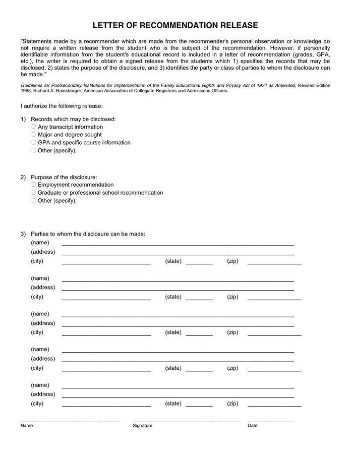 Letter of recommendation release in Word and Pdf formats