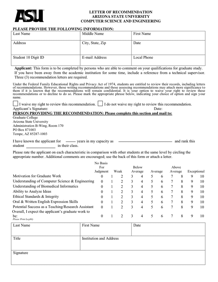 Letter of Recommendation for Graduate Admission in Word and Pdf formats