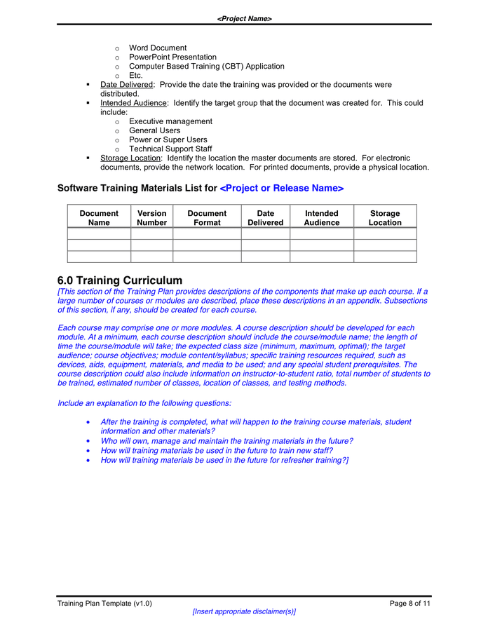 Training Plan Template in Word and Pdf formats - page 8 of 11
