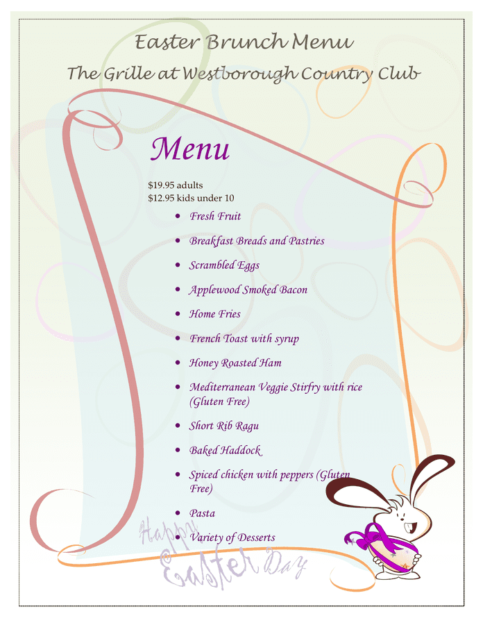 Easter party menu in Word and Pdf formats