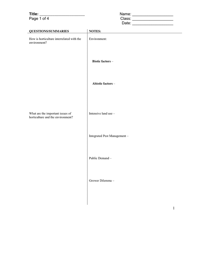 Cornell Notes Template in Word and Pdf formats