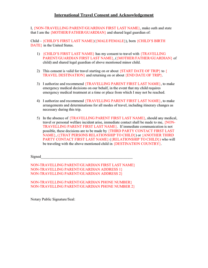 Child International Travel Consent Form In Word And Pdf Formats
