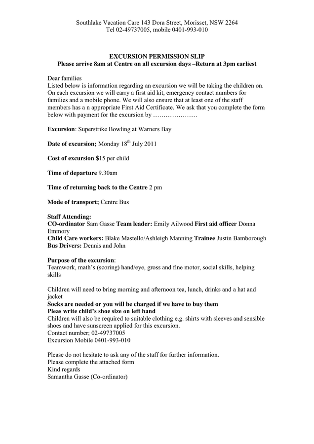 Excursion permission slip example in Word and Pdf formats - page 11 of 12