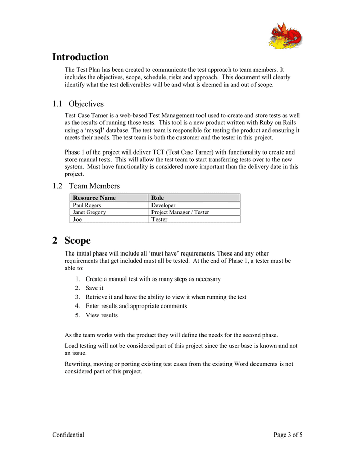 Test Plan Template in Word and Pdf formats - page 3 of 5