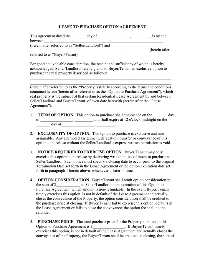 Lease To Purchase Option Agreement In Word And Pdf Formats