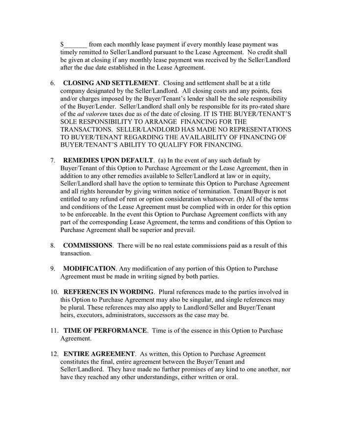 Lease To Purchase Option Agreement In Word And Pdf Formats Page 2 Of 3