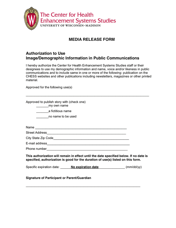 Media Release Form - download free documents for PDF, Word and Excel