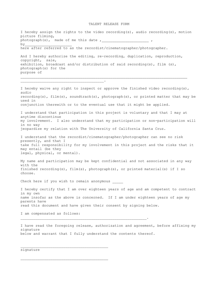 Talent Release Form - download free documents for PDF, Word and Excel
