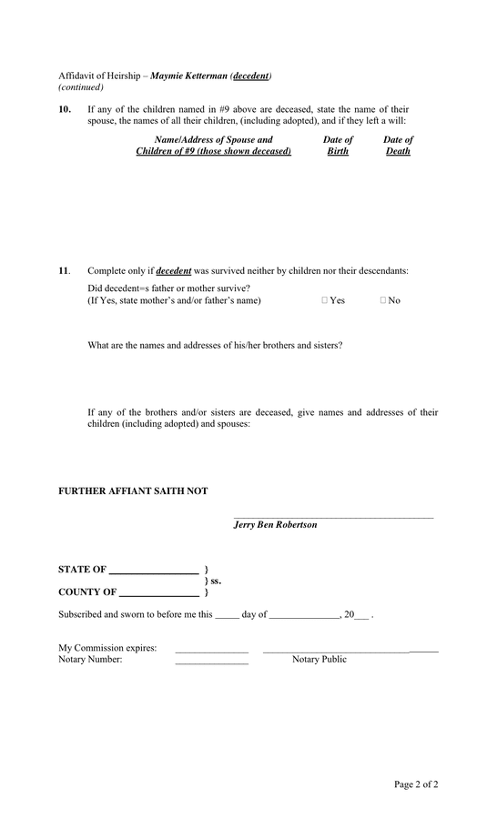 Affidavit of heirship in Word and Pdf formats - page 2 of 2