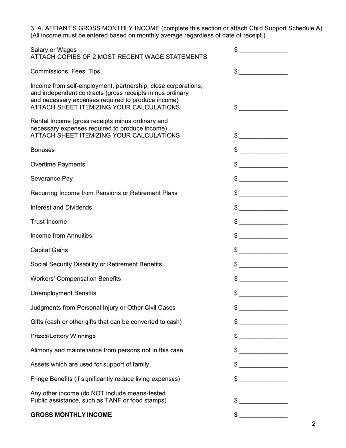 Financial Affidavit in Word and Pdf formats - page 2 of 6