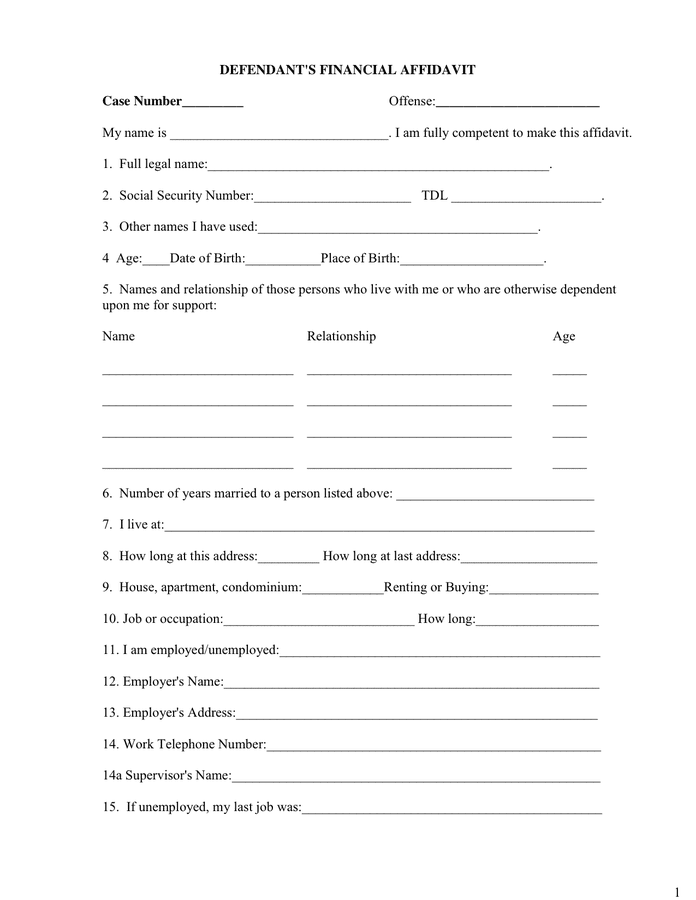 Defendant's financial affidavit in Word and Pdf formats