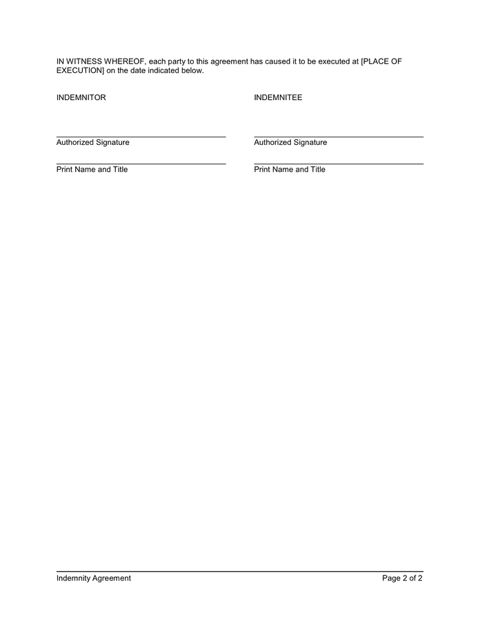Indemnity agreement in Word and Pdf formats - page 2 of 2