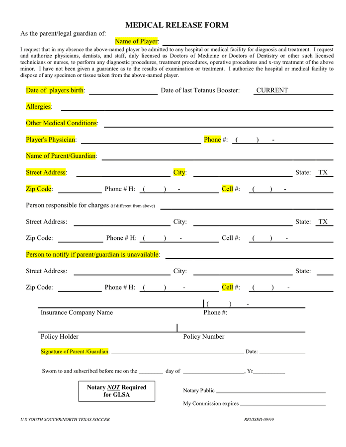 Medical release form in Word and Pdf formats