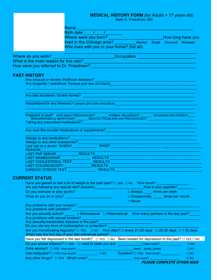 Medical history form in Word and Pdf formats