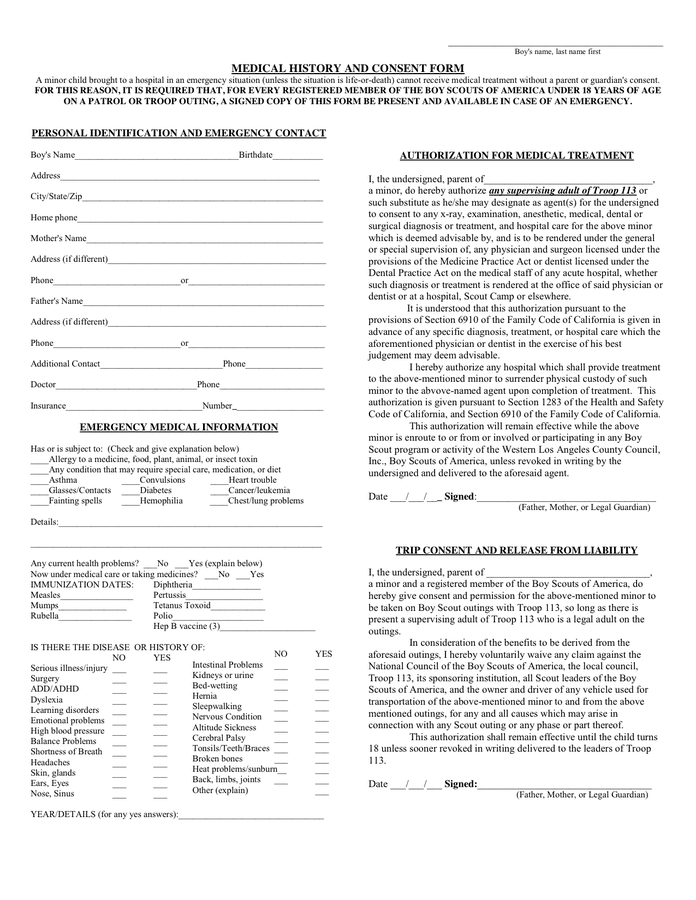 Medical history and consent form in Word and Pdf formats