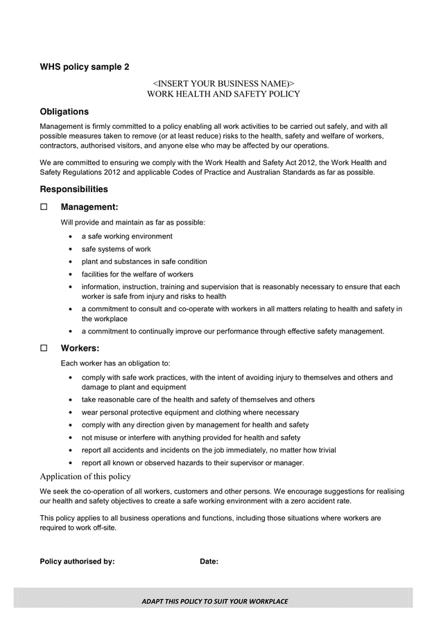 Work health and safety policy in Word and Pdf formats - page 2 of 2