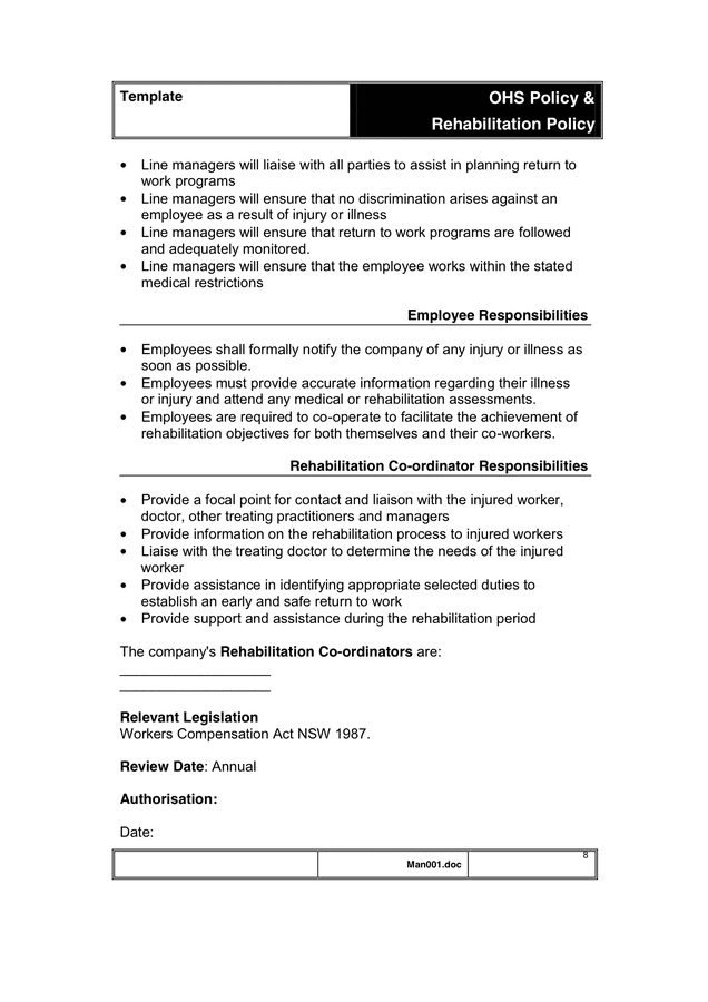 Occupational health and safety policy in Word and Pdf formats - page 8 of 8