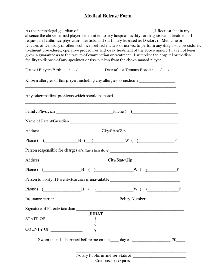 Medical Release Form - download free documents for PDF, Word and Excel