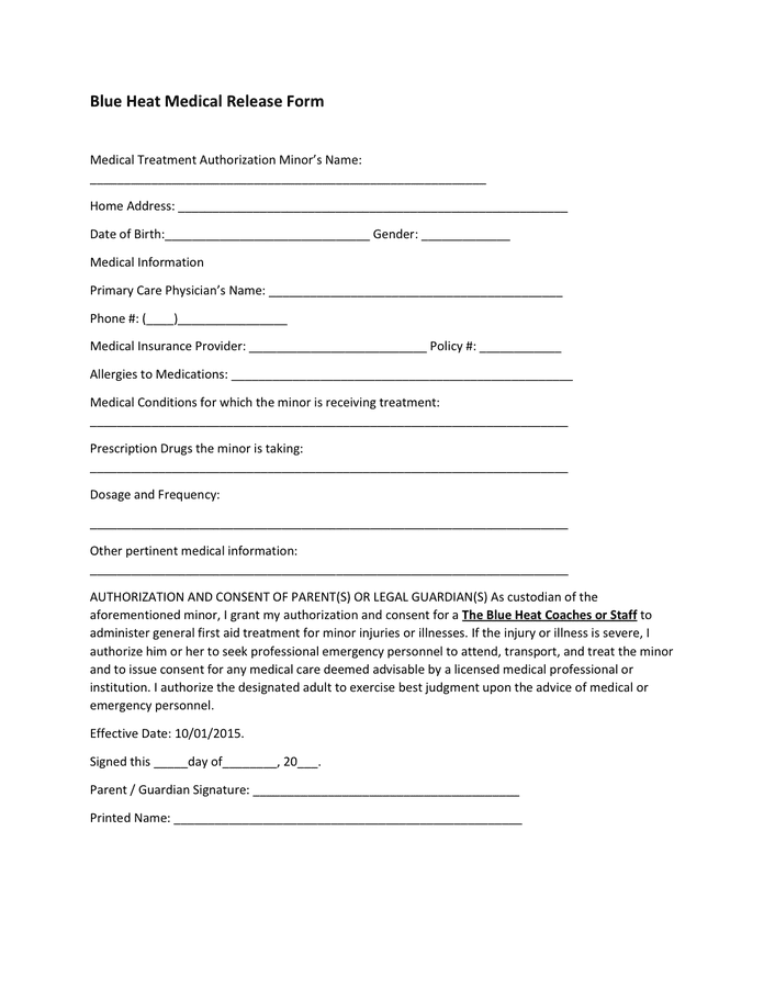 Medical Release Form - download free documents for PDF, Word and Excel