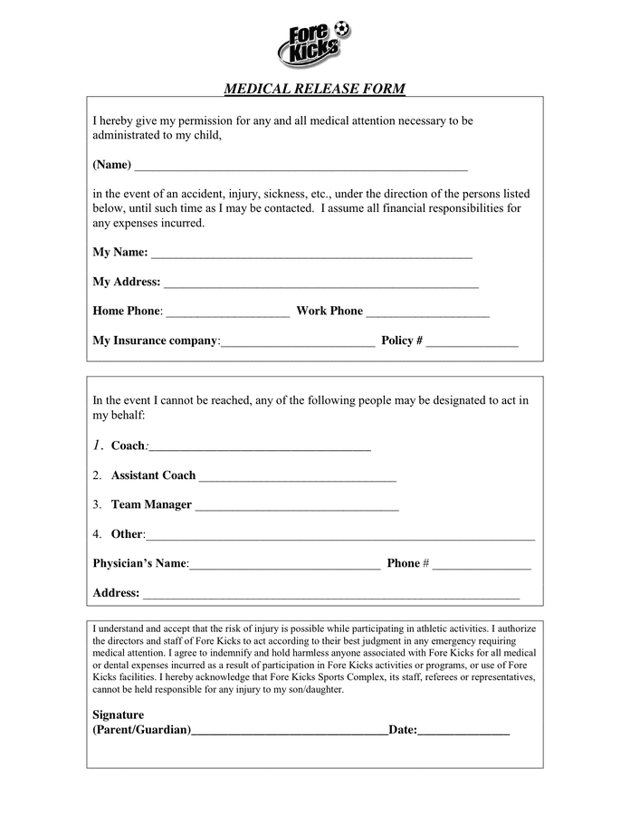 Medical release form in Word and Pdf formats