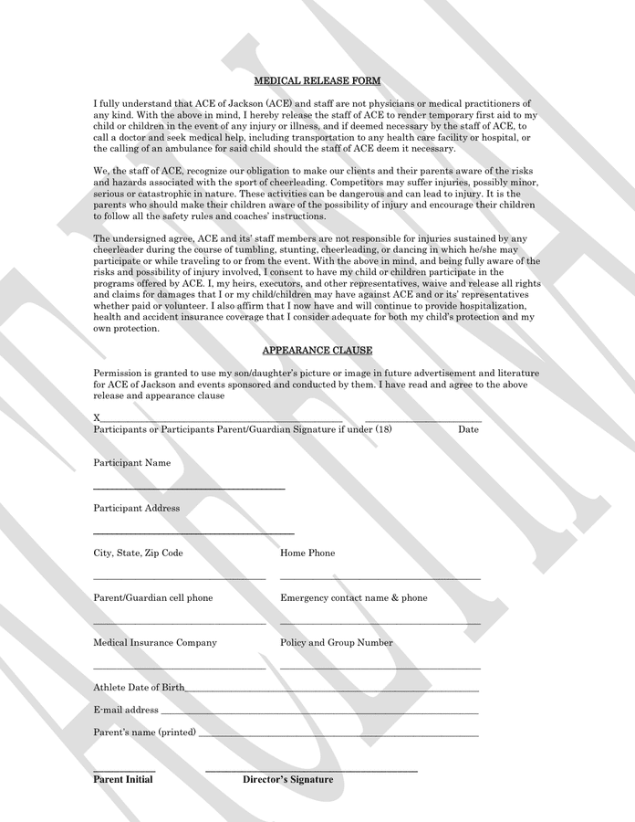 Medical Release form in Word and Pdf formats