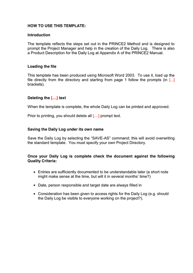 Daily Log Template - download free documents for PDF, Word and Excel