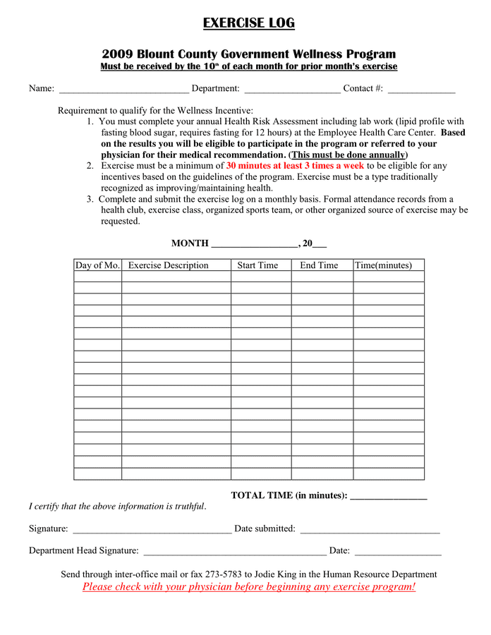 Exercise log in Word and Pdf formats