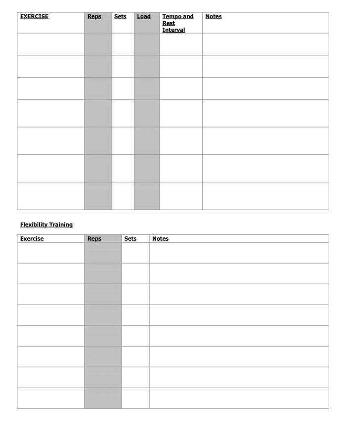 Workout & Exercise Log in Word and Pdf formats - page 2 of 2